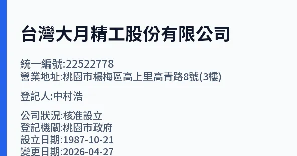 台灣大月精工股份有限公司的照片-統編 22522778(桃園市) 公司登記資料與營業項目詳細圖表
