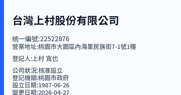 台灣上村股份有限公司的照片-統編 22522876(桃園市) 公司登記資料與營業項目詳細圖表