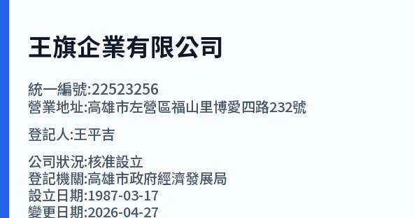 王旗企業有限公司的照片-統編 22523256(高雄市) 公司登記資料與營業項目詳細圖表