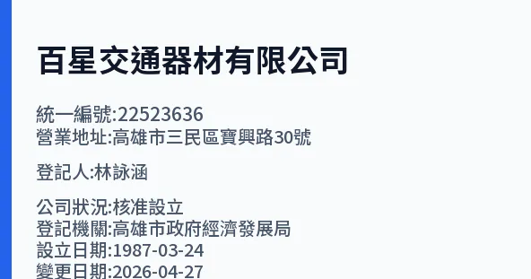 百星交通器材有限公司的照片-統編 22523636(高雄市) 公司登記資料與營業項目詳細圖表