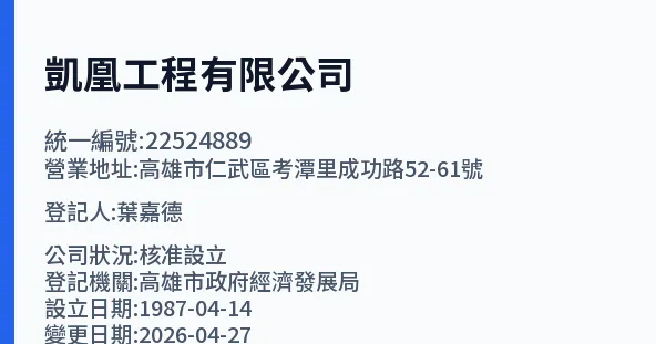 凱凰工程有限公司的照片-統編 22524889(高雄市) 公司登記資料與營業項目詳細圖表