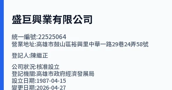 盛巨興業有限公司的照片-統編 22525064(高雄市) 公司登記資料與營業項目詳細圖表