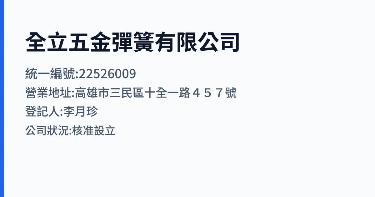 全立五金彈簧有限公司 - 統編 22526009(高雄市) 公司登記資料與營業項目詳細圖表