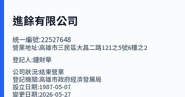 進餘有限公司的照片-統編 22527648(高雄市) 公司登記資料與營業項目詳細圖表