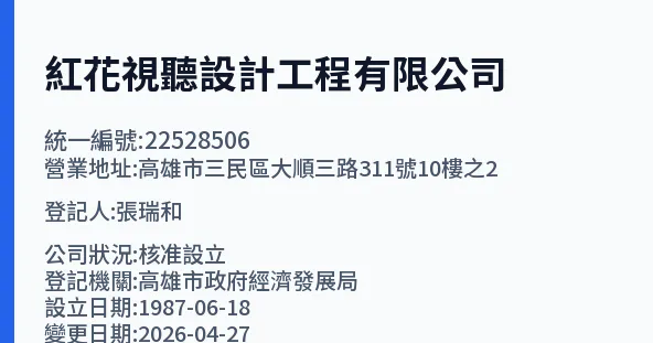 紅花視聽設計工程有限公司的照片-統編 22528506(高雄市) 公司登記資料與營業項目詳細圖表