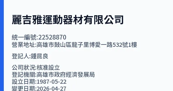 麗吉雅運動器材有限公司的照片-統編 22528870(高雄市) 公司登記資料與營業項目詳細圖表