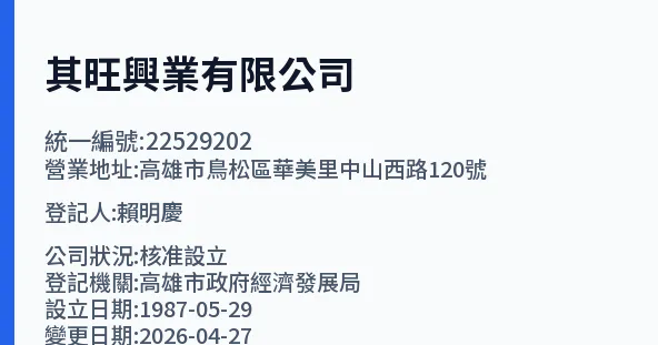 其旺興業有限公司的照片-統編 22529202(高雄市) 公司登記資料與營業項目詳細圖表