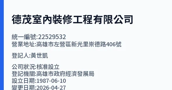 德茂室內裝修工程有限公司的照片-統編 22529532(高雄市) 公司登記資料與營業項目詳細圖表