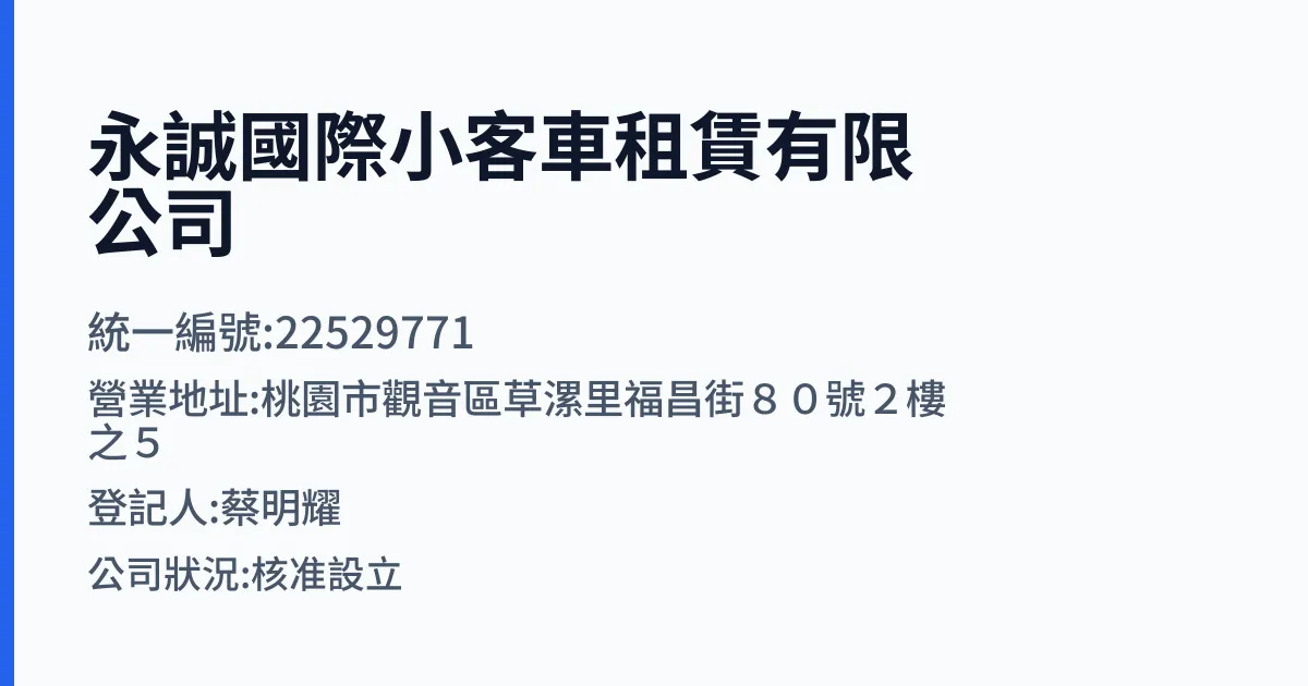 永誠國際小客車租賃有限公司 - 統編 22529771(桃園市) 公司登記資料與營業項目詳細圖表