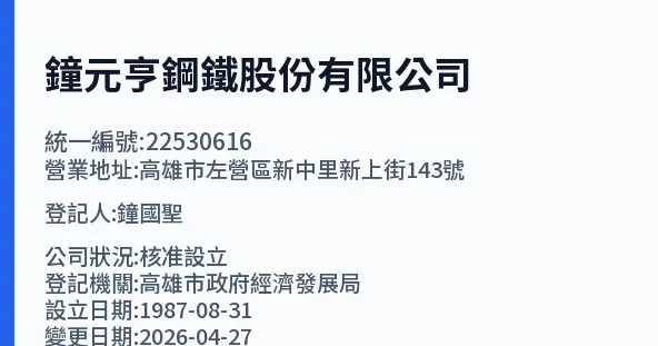 鐘元亨鋼鐵股份有限公司的照片-統編 22530616(高雄市) 公司登記資料與營業項目詳細圖表