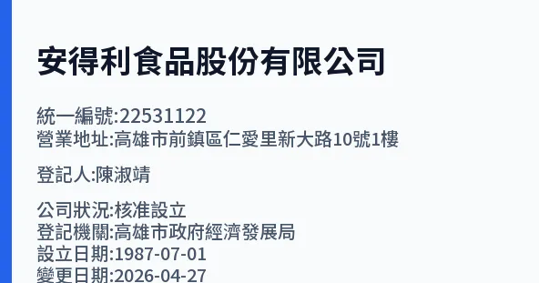 安得利食品股份有限公司的照片-統編 22531122(高雄市) 公司登記資料與營業項目詳細圖表