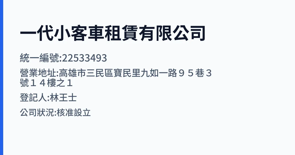 一代小客車租賃有限公司 - 統編 22533493(高雄市) 公司登記資料與營業項目詳細圖表