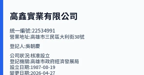 高鑫實業有限公司的照片-統編 22534991(高雄市) 公司登記資料與營業項目詳細圖表