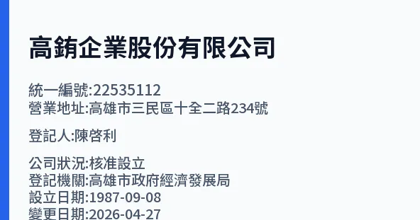 高銪企業股份有限公司的照片-統編 22535112(高雄市) 公司登記資料與營業項目詳細圖表