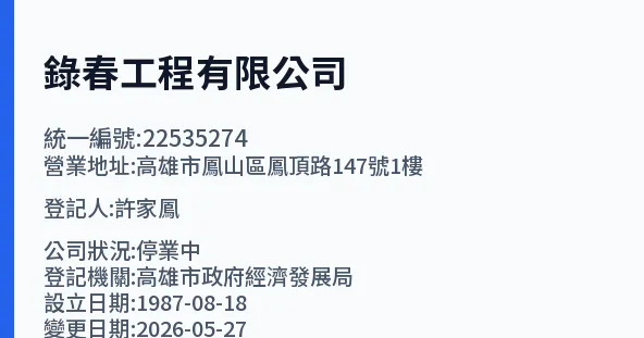 錄春工程有限公司的照片-統編 22535274(高雄市) 公司登記資料與營業項目詳細圖表
