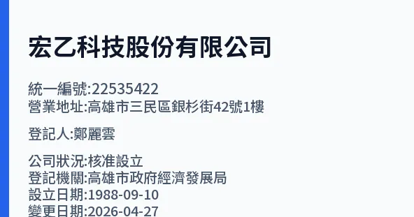 宏乙科技股份有限公司的照片-統編 22535422(高雄市) 公司登記資料與營業項目詳細圖表