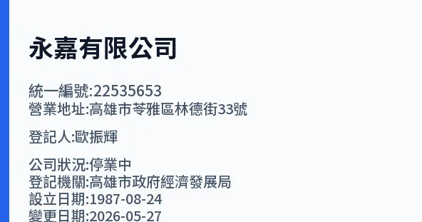 永嘉有限公司的照片-統編 22535653(高雄市) 公司登記資料與營業項目詳細圖表