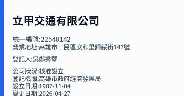 立甲交通有限公司的照片-統編 22540142(高雄市) 公司登記資料與營業項目詳細圖表