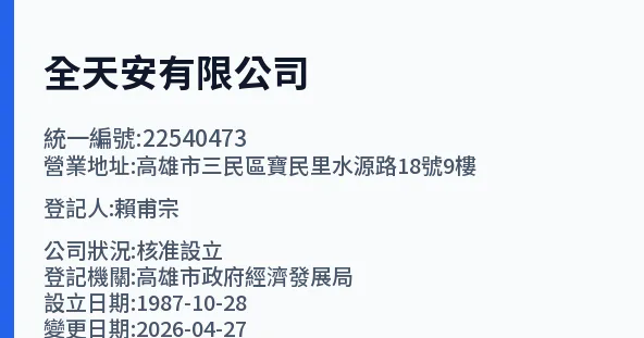 全天安有限公司的照片-統編 22540473(高雄市) 公司登記資料與營業項目詳細圖表