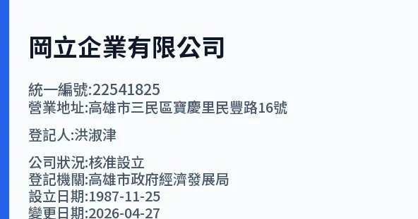 岡立企業有限公司的照片-統編 22541825(高雄市) 公司登記資料與營業項目詳細圖表