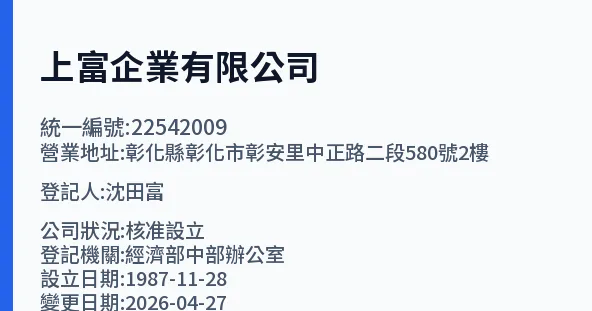 上富企業有限公司的照片-統編 22542009(彰化縣) 公司登記資料與營業項目詳細圖表