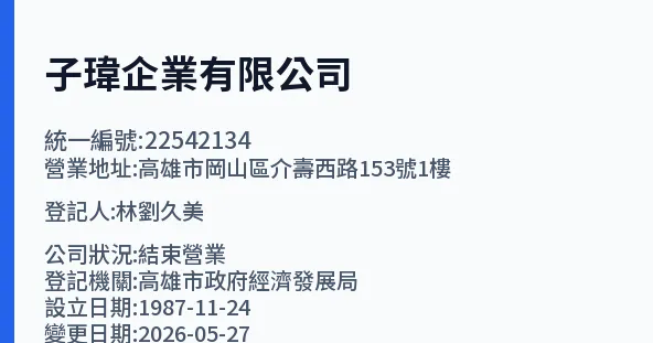 子瑋企業有限公司的照片-統編 22542134(高雄市) 公司登記資料與營業項目詳細圖表