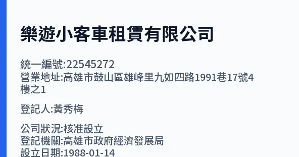 樂遊小客車租賃有限公司的照片-統編 22545272(高雄市) 公司登記資料與營業項目詳細圖表