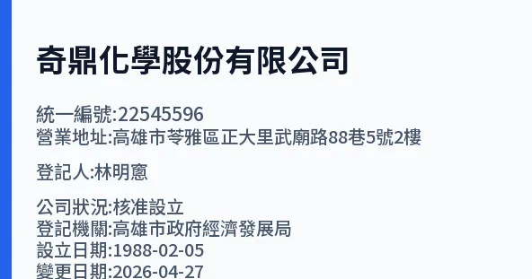 奇鼎化學股份有限公司的照片-統編 22545596(高雄市) 公司登記資料與營業項目詳細圖表