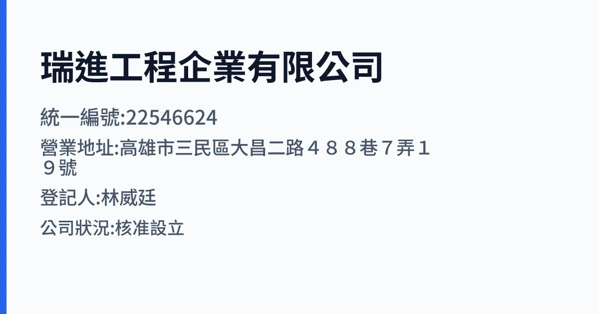 瑞進工程企業有限公司 - 統編 22546624(高雄市) 公司登記資料與營業項目詳細圖表