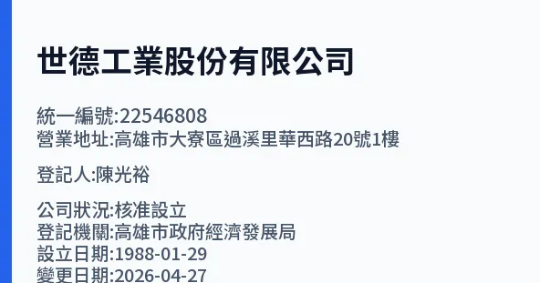世德工業股份有限公司的照片-統編 22546808(高雄市) 公司登記資料與營業項目詳細圖表