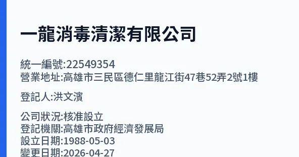 一龍消毒清潔有限公司的照片-統編 22549354(高雄市) 公司登記資料與營業項目詳細圖表