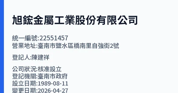 旭鋐金屬工業股份有限公司的照片-統編 22551457(臺南市) 公司登記資料與營業項目詳細圖表