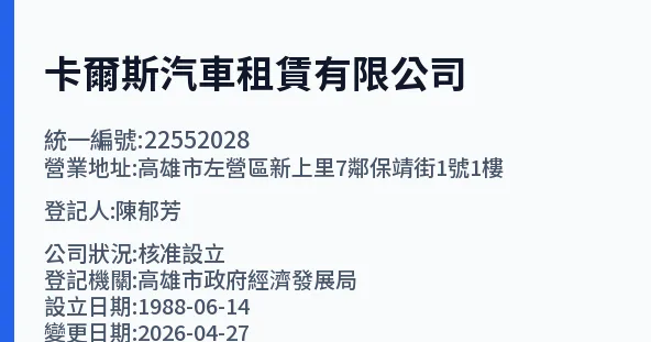 卡爾斯汽車租賃有限公司的照片-統編 22552028(高雄市) 公司登記資料與營業項目詳細圖表