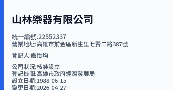 山林樂器有限公司的照片-統編 22552337(高雄市) 公司登記資料與營業項目詳細圖表