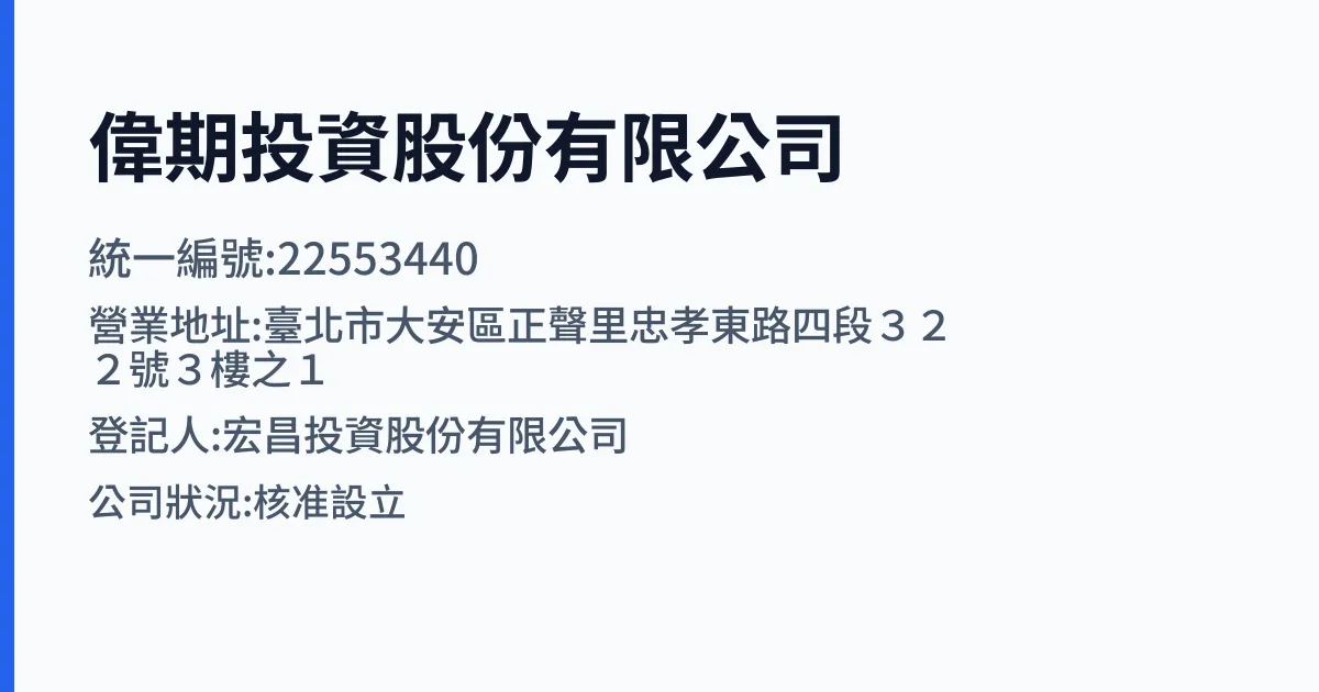 偉期投資股份有限公司 - 統編 22553440(臺北市) 公司登記資料與營業項目詳細圖表