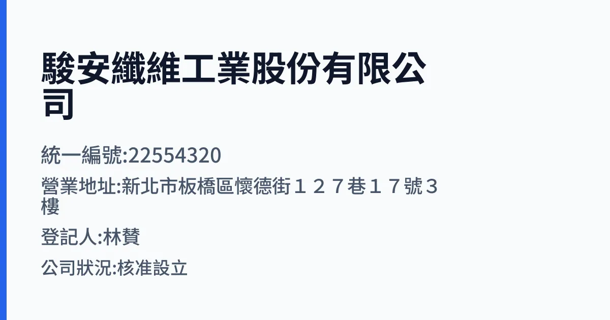 駿安纖維工業股份有限公司 - 統編 22554320(新北市) 公司登記資料與營業項目詳細圖表