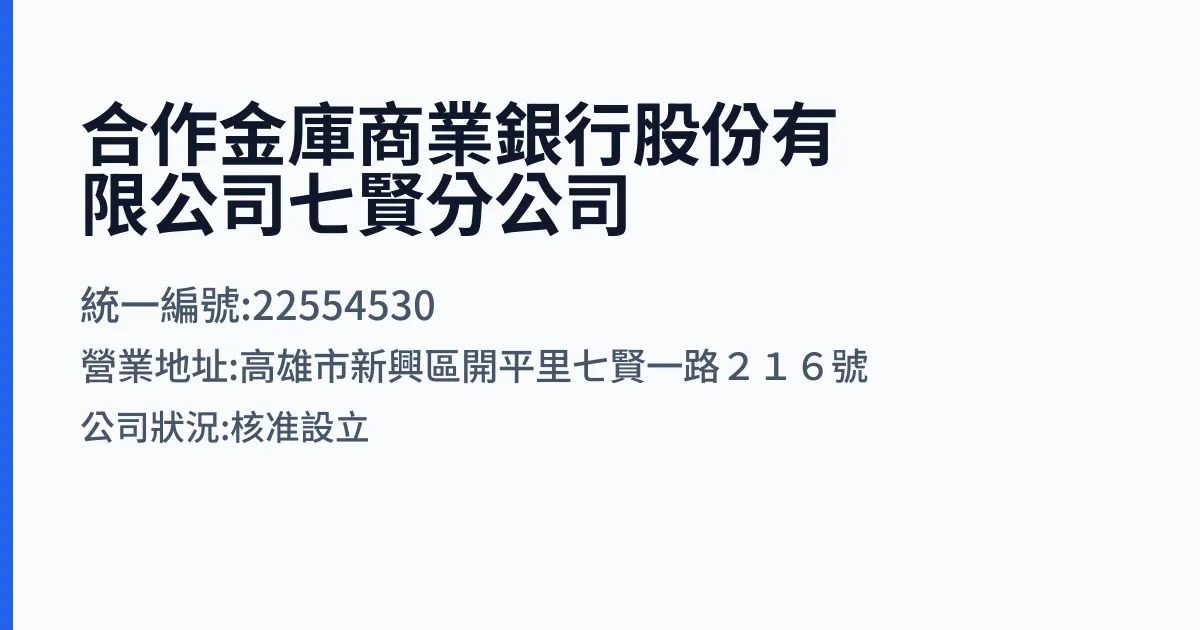 合作金庫商業銀行股份有限公司七賢分公司 - 統編 22554530(高雄市) 公司登記資料與營業項目詳細圖表