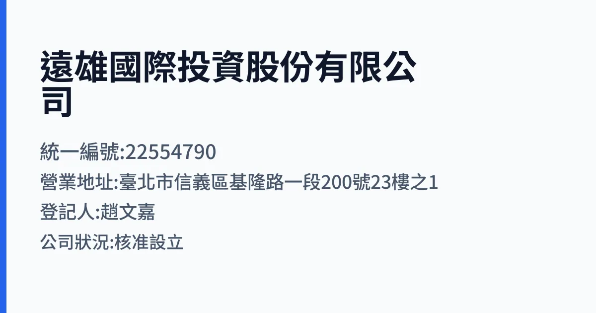遠雄國際投資股份有限公司 - 統編 22554790(臺北市) 公司登記資料與營業項目詳細圖表