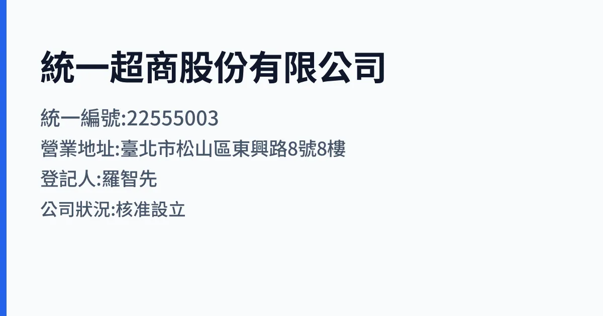 統一超商股份有限公司 - 統編 22555003(臺北市) 公司登記資料與營業項目詳細圖表