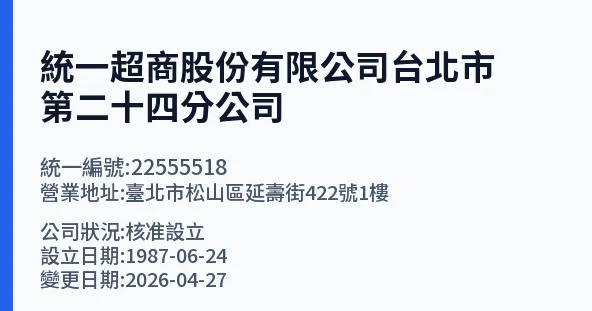 統一超商股份有限公司台北市第二十四分公司的照片-統編 22555518(臺北市) 公司登記資料與營業項目詳細圖表