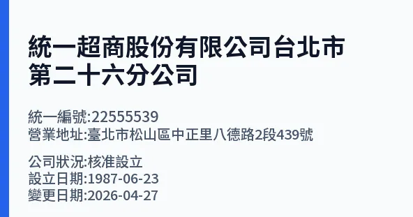 統一超商股份有限公司台北市第二十六分公司的照片-統編 22555539(臺北市) 公司登記資料與營業項目詳細圖表