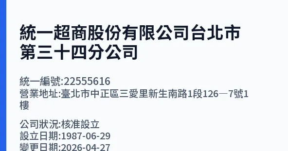 統一超商股份有限公司台北市第三十四分公司的照片-統編 22555616(臺北市) 公司登記資料與營業項目詳細圖表