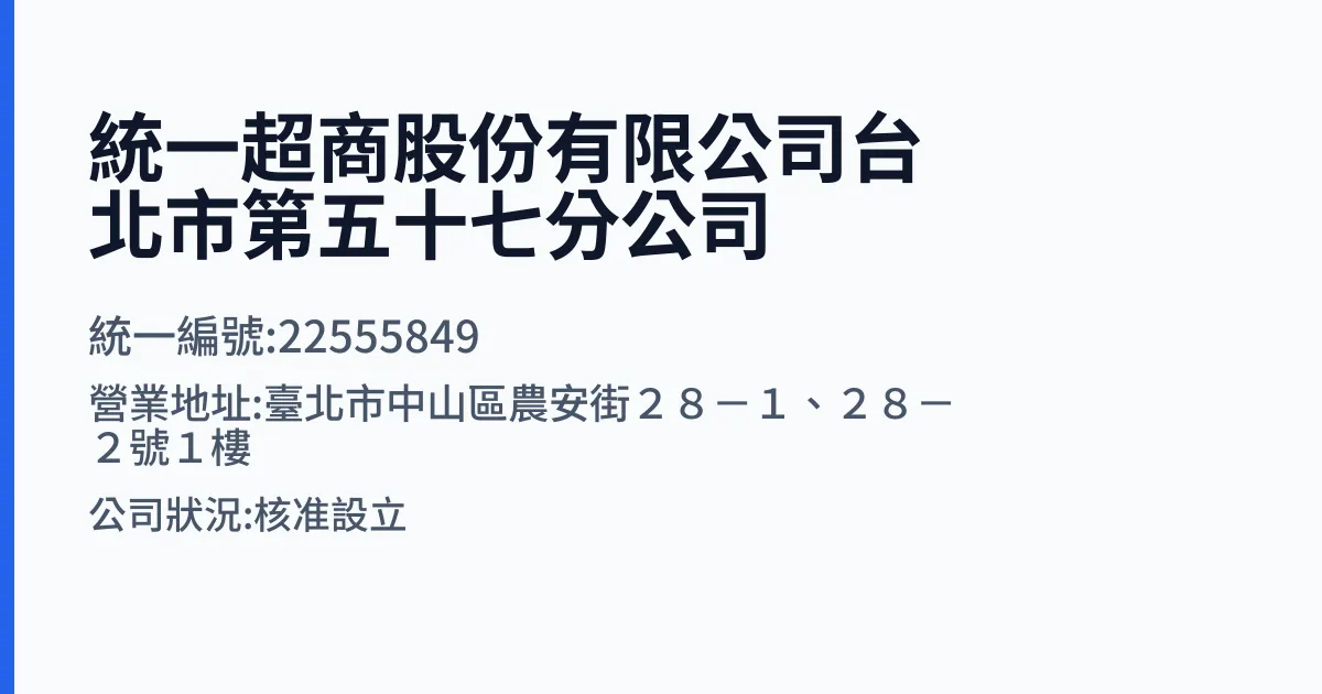 統一超商股份有限公司台北市第五十七分公司 - 統編 22555849(臺北市) 公司登記資料與營業項目詳細圖表