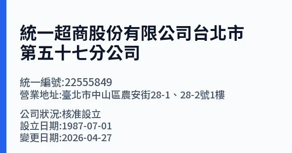 統一超商股份有限公司台北市第五十七分公司的照片-統編 22555849(臺北市) 公司登記資料與營業項目詳細圖表