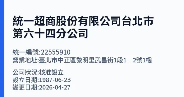 統一超商股份有限公司台北市第六十四分公司的照片-統編 22555910(臺北市) 公司登記資料與營業項目詳細圖表