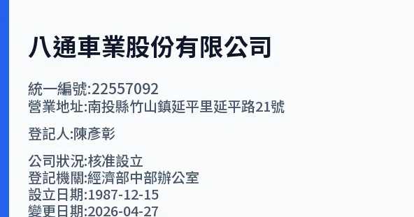 八通車業股份有限公司的照片-統編 22557092(南投縣) 公司登記資料與營業項目詳細圖表