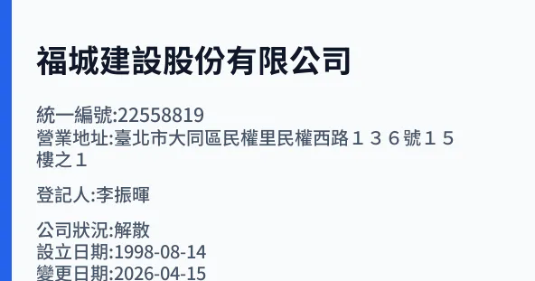 福城建設股份有限公司的照片-統編 22558819(臺北市) 公司登記資料與營業項目詳細圖表