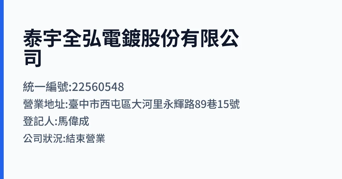 泰宇全弘電鍍股份有限公司 - 統編 22560548(臺中市) 公司登記資料與營業項目詳細圖表