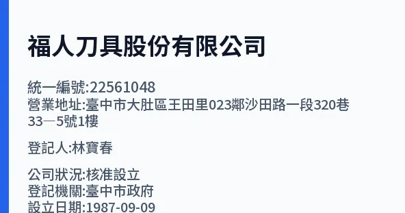 福人刀具股份有限公司的照片-統編 22561048(臺中市) 公司登記資料與營業項目詳細圖表