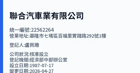 聯合汽車業有限公司的照片-統編 22562264(基隆市) 公司登記資料與營業項目詳細圖表